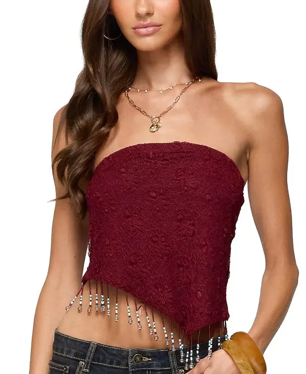 EDIKTED Textured Asymmetric Beaded Strapless Top