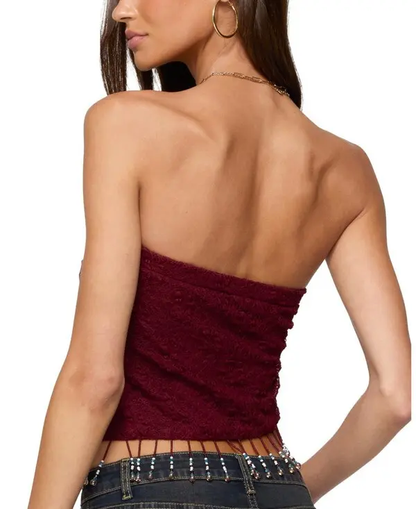 EDIKTED Textured Asymmetric Beaded Strapless Top