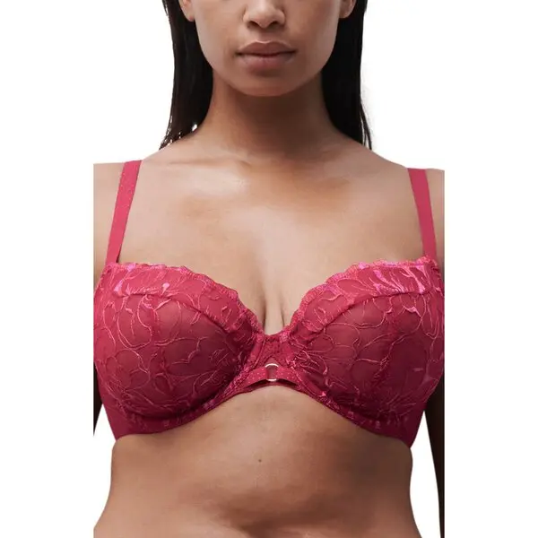 Chantelle Fleurs Lace Unlined Underwire Plunge Bra - Candy Apple Shades