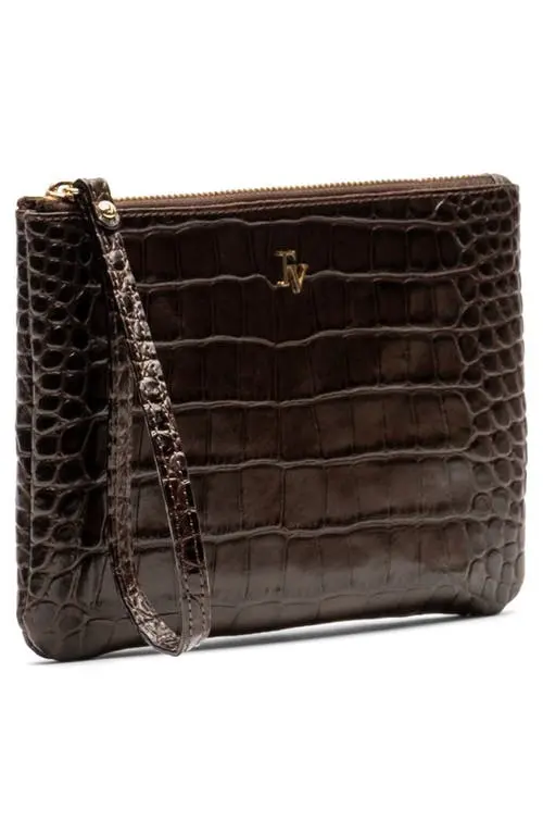 FRANCES VALENTINE Croc Embossed Leather Wristlet - Brown