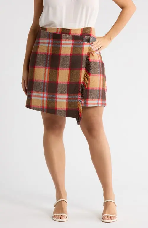 SUGARLIPS Plaid Mini Wrap Skirt With Fringe - Brownmulti