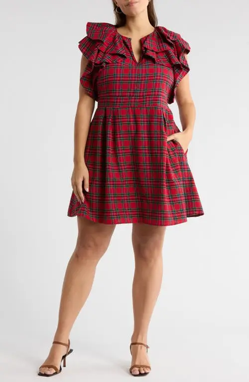 SUGARLIPS Arvada Plaid Ruffle Mini Dress - Red-multi