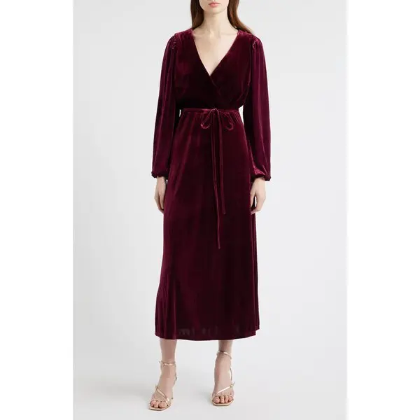 Halogen Wrap Front Long Sleeve Velvet Maxi Dress