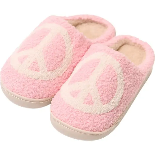 MALIBU SUGAR Plush Peace Symbol Slippers - Pink & White