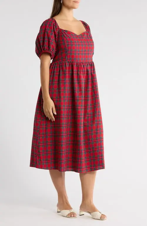 SUGARLIPS Arvada Plaid Puff Sleeve Dress