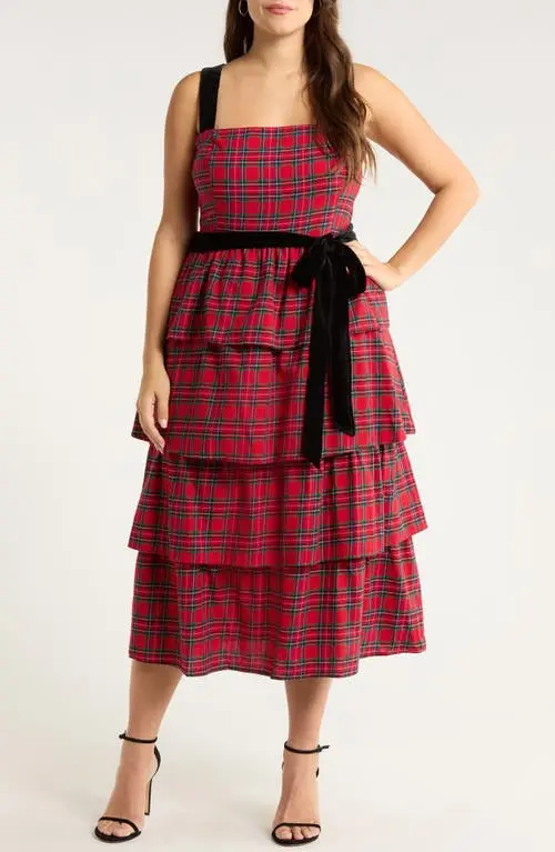 SUGARLIPS Arvada Plaid Smocked Tiered Maxi Dress