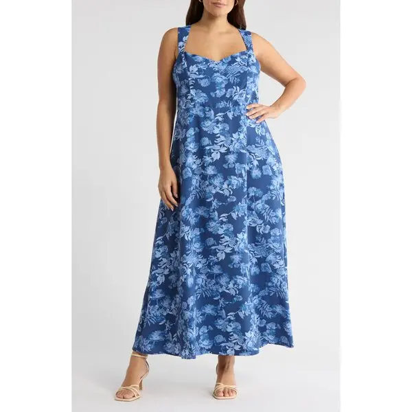 SUGARLIPS Floral Print Sleeveless Midi Dress - Navy-blue