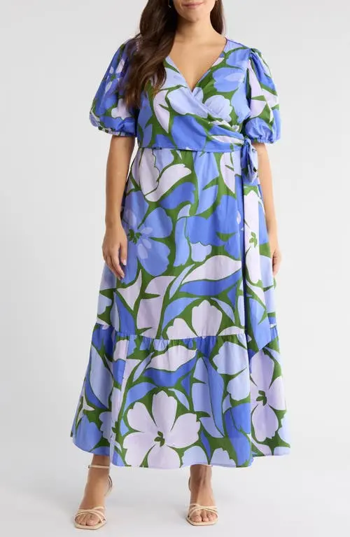 SUGARLIPS Floral Puff Sleeve Cotton Poplin Wrap Midi Dress - Green-blue
