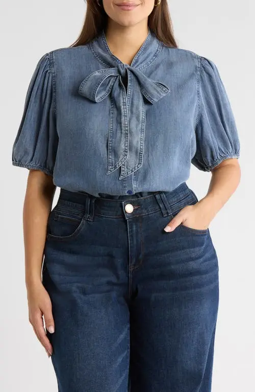 SUGARLIPS Georgina Tie Neck Chambray Top