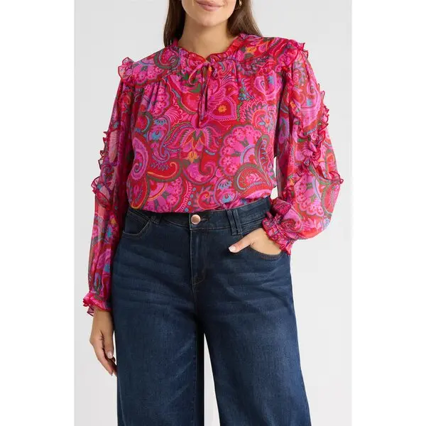 SUGARLIPS Paisley Print Top With Ruffle And Balloon Sleeves - Fuchsia-mult