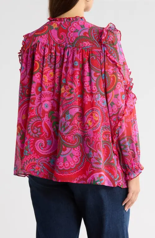 SUGARLIPS Paisley Print Top With Ruffle And Balloon Sleeves - Fuchsia-mult
