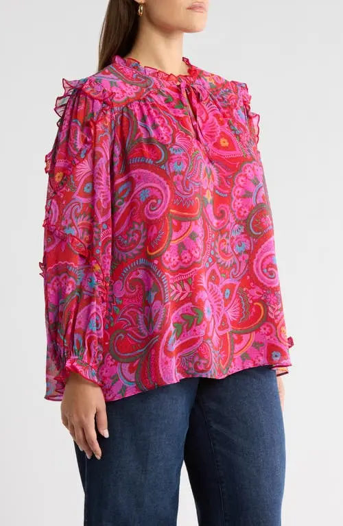 SUGARLIPS Paisley Print Top With Ruffle And Balloon Sleeves - Fuchsia-mult