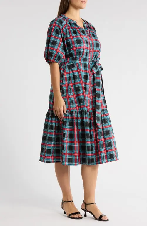 SUGARLIPS Plaid Cotton Midi Dress With Tie Waist