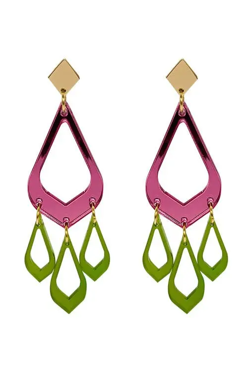 TOOLALLY Feather Drop Earrings - Pink Mirror & Lime Zest
