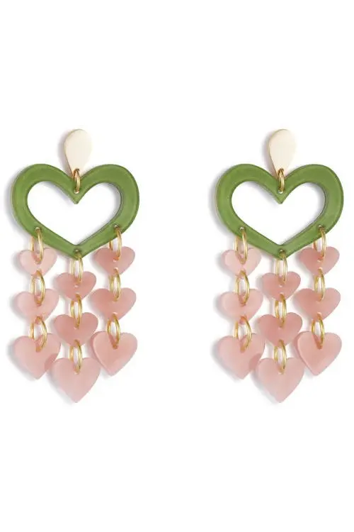 TOOLALLY Heart Chandelier Earrings - Jade & Pink