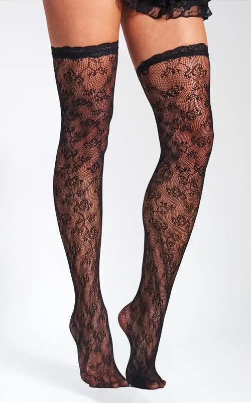 MISS CIRCLE Lace Floral Print Thigh High Stockings - Black