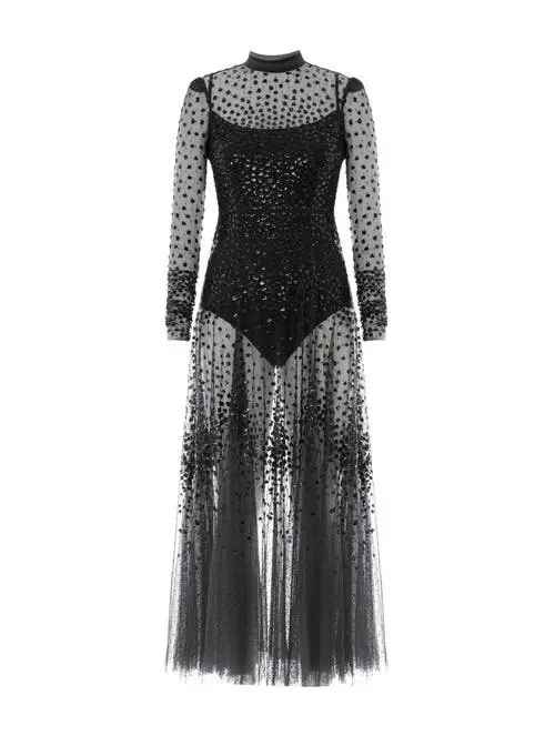 NEEDLE & THREAD Scallop Sequin Ankle Gown With Bow Detail