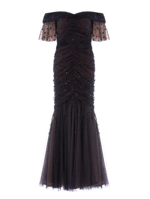 NEEDLE & THREAD Sequin Rouched Off-shoulder Gown
