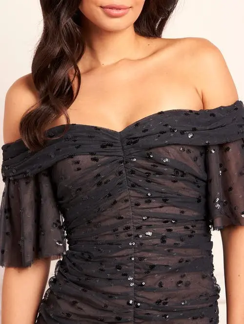 NEEDLE & THREAD Sequin Rouched Off-shoulder Gown