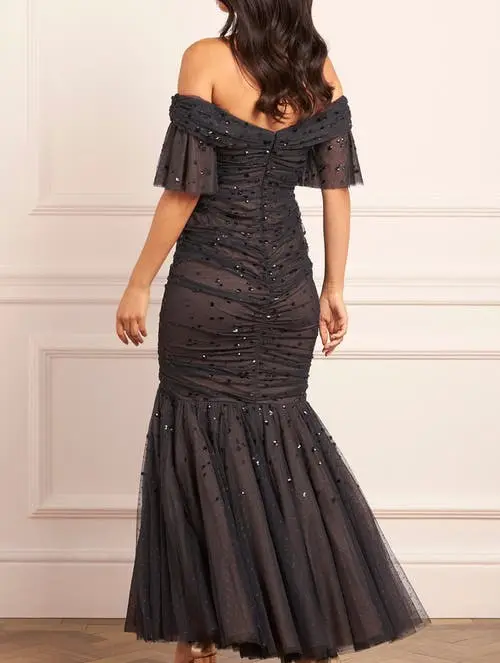 NEEDLE & THREAD Sequin Rouched Off-shoulder Gown
