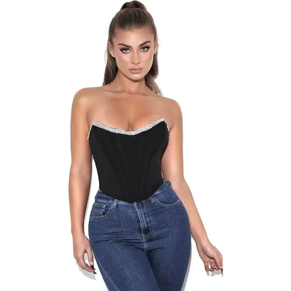 MISS CIRCLE Corset Top With Crystal Trim - Black