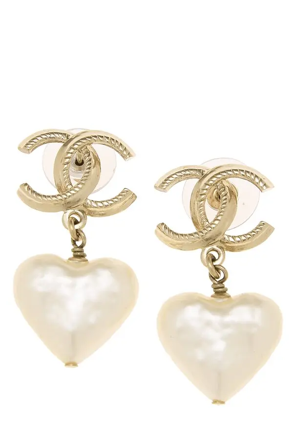 Chanel Gold 'cc' Heart Drop Earrings - White