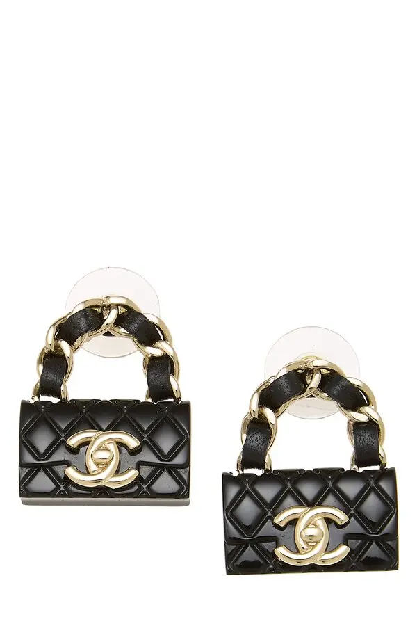 Chanel Resin 'cc' Turnlock Flap Bag Chain Earrings - Black