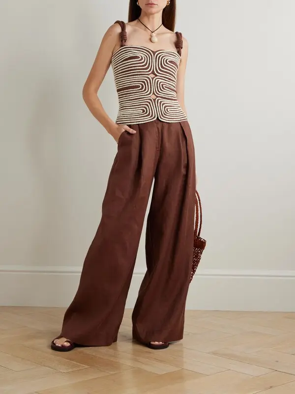 ANDRES OTALORA Marea Knotted Embroidered Linen Top - Brown
