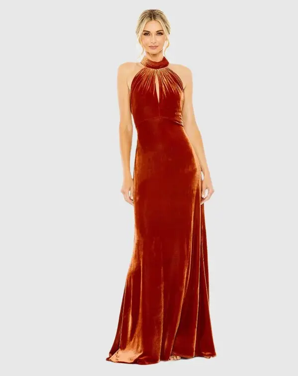 Mac Duggal Halter Velvet Column Gown