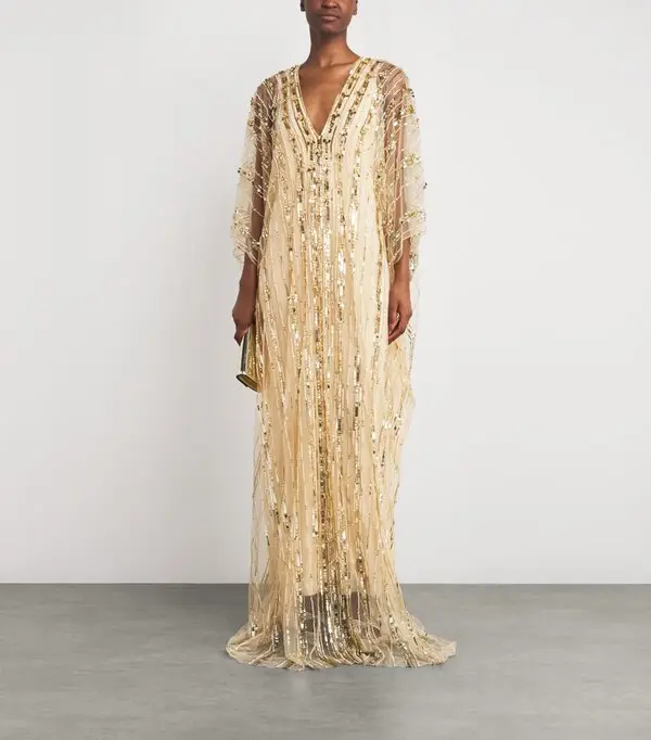 green emerald velvet dress Full Gold Sequin Rhinestone Embellished Henna Caftan Gown 36