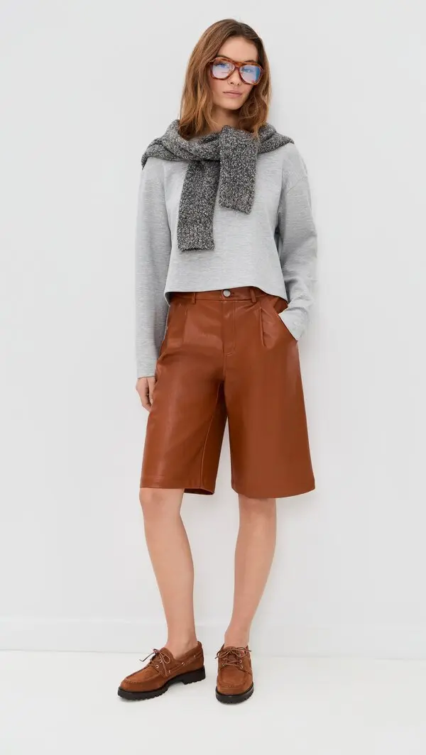 LE BOP Faux Leather Pleated Shorts - Cognac