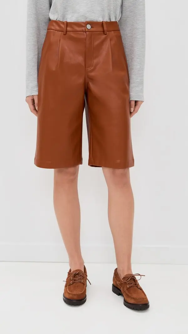 LE BOP Faux Leather Pleated Shorts - Cognac