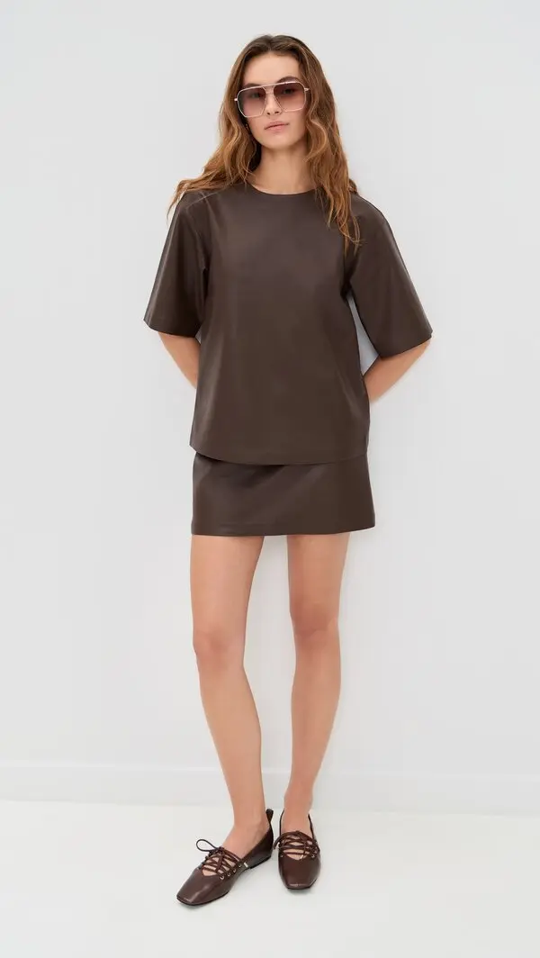 LE BOP Caroline Faux Leather Tee - Coffee