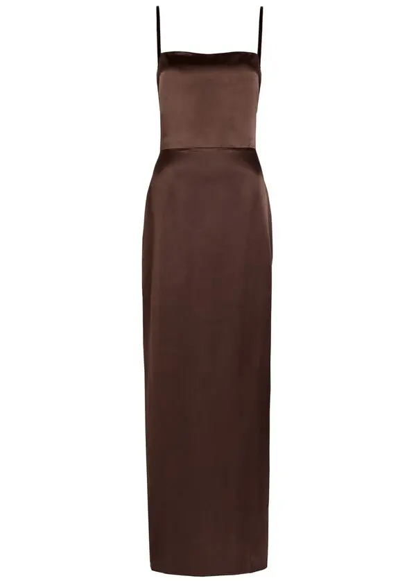 brown silk reformation dress Reformation Lune Silk Black Bean Brown Mesh Sleeveless Maxi Dress – The  Closet New York