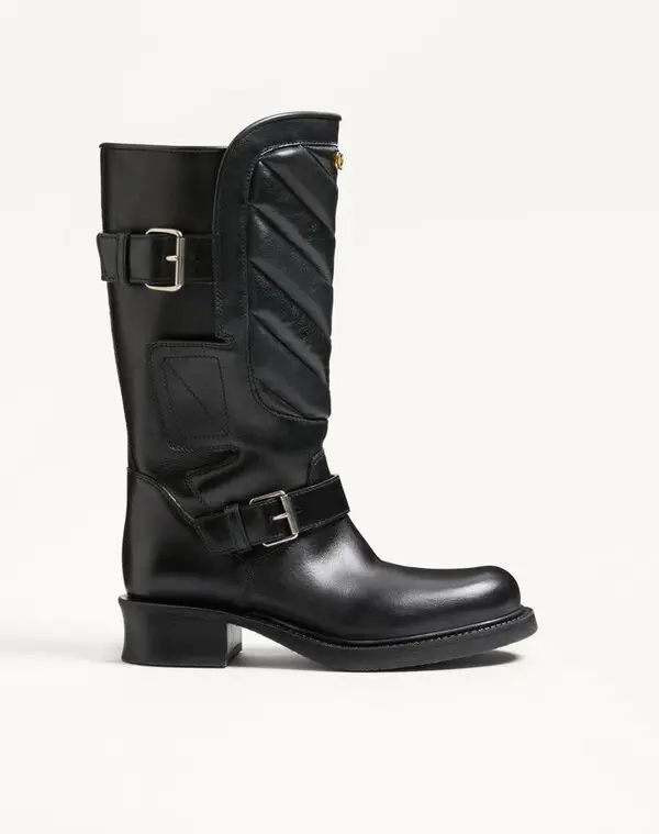 Valentino Garavani Rayons Biker Boot In Calfskin And Nappa Leather - Black