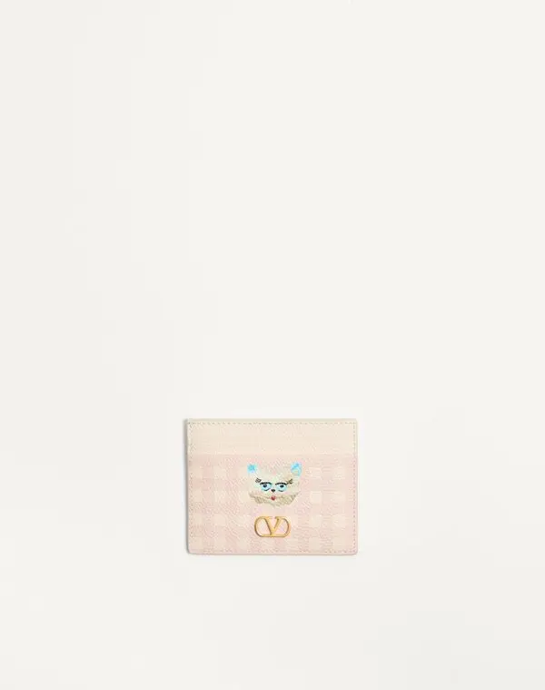 Valentino Garavani Vlogo Signature Le Chat De La Maison Cardholder In Grainy Calfskin - Pink/ivory