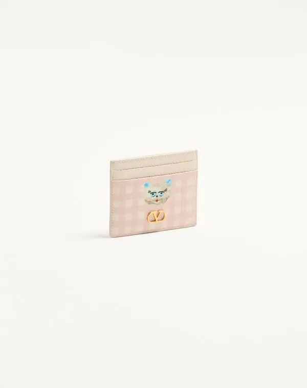 Valentino Garavani Vlogo Signature Le Chat De La Maison Cardholder In Grainy Calfskin - Pink/ivory