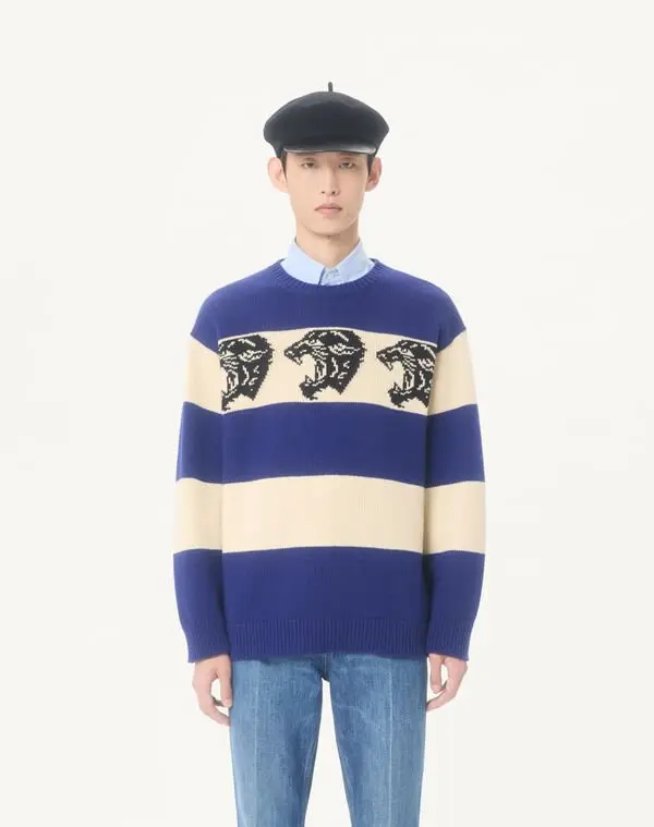 Valentino Garavani Wool Jumper With Jacquard Panther Pattern - Indigo/butter