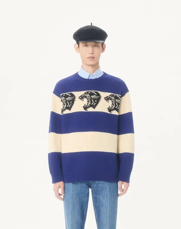 Valentino Garavani Wool Jumper With Jacquard Panther Pattern - Indigo/butter
