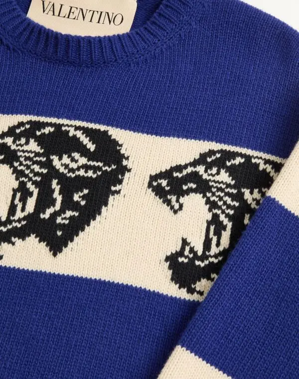 Valentino Garavani Wool Jumper With Jacquard Panther Pattern - Indigo/butter