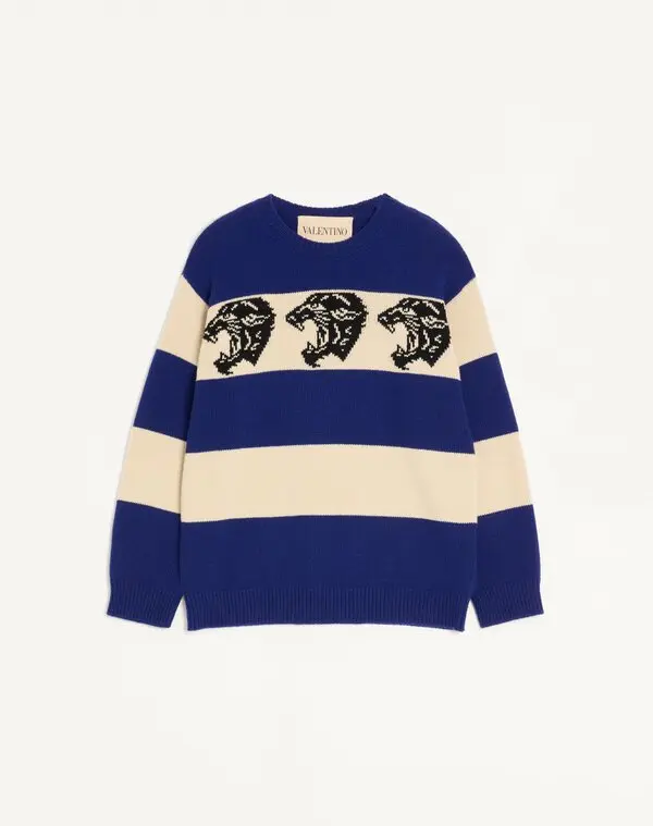 Valentino Garavani Wool Jumper With Jacquard Panther Pattern - Indigo/butter