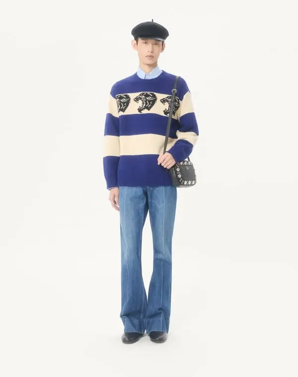 Valentino Garavani Wool Jumper With Jacquard Panther Pattern - Indigo/butter