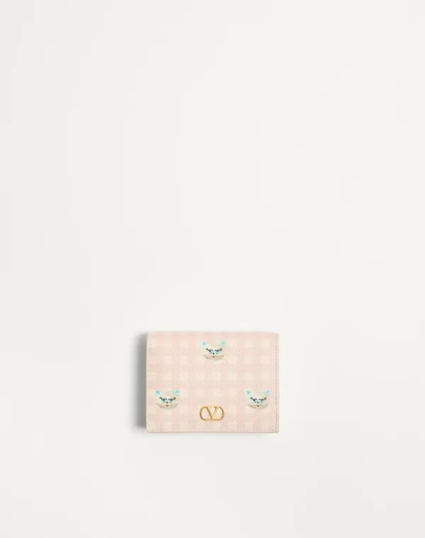 Valentino Garavani Vlogo Signature Wallet In Le Chat De La Maison Grainy Calfskin - Pink/ivory