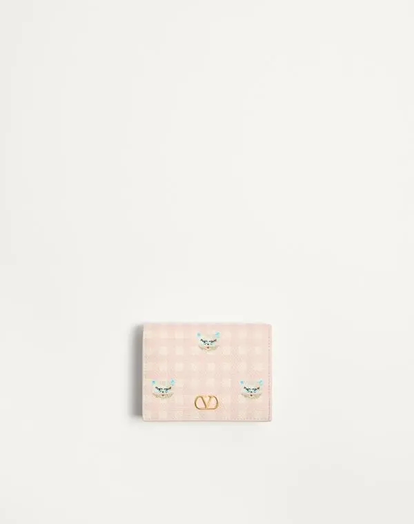 Valentino Garavani Vlogo Signature Wallet In Le Chat De La Maison Grainy Calfskin - Pink/ivory