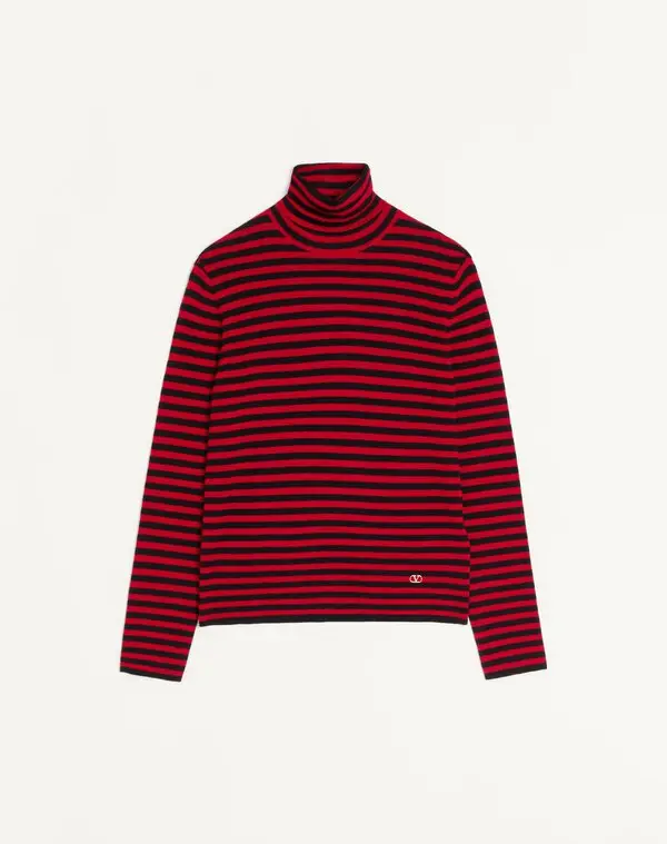 Valentino Garavani Striped High Neck Wool Jumper With Vlogo - Red/black