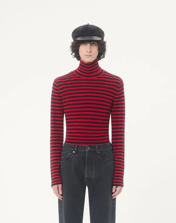 Valentino Garavani Striped High Neck Wool Jumper With Vlogo - Red/black