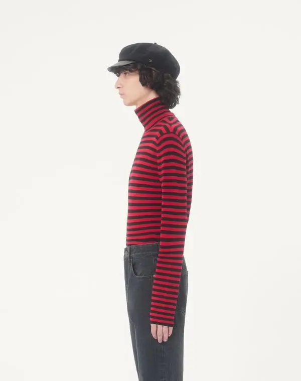 Valentino Garavani Striped High Neck Wool Jumper With Vlogo - Red/black