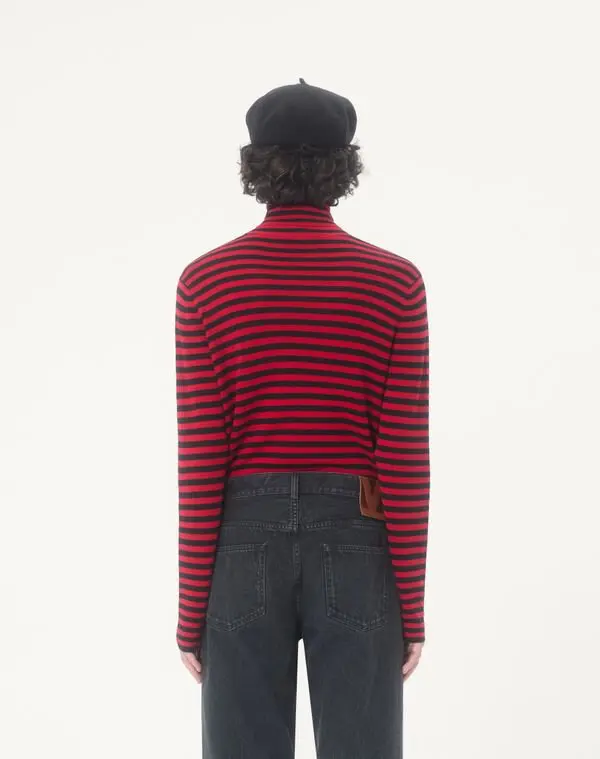 Valentino Garavani Striped High Neck Wool Jumper With Vlogo - Red/black