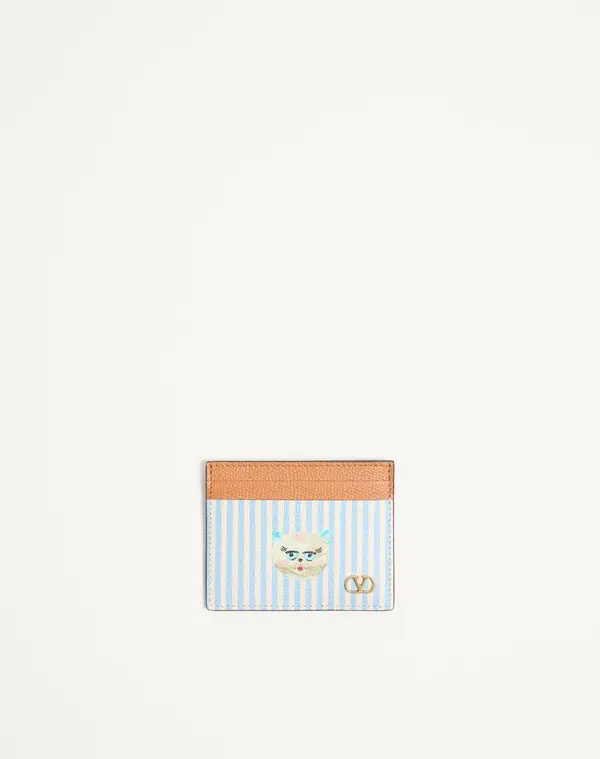 Valentino Garavani Vlogo Signature Wallet In Grainy Calfskin With Le Chat De La Maison - Azure/ivory