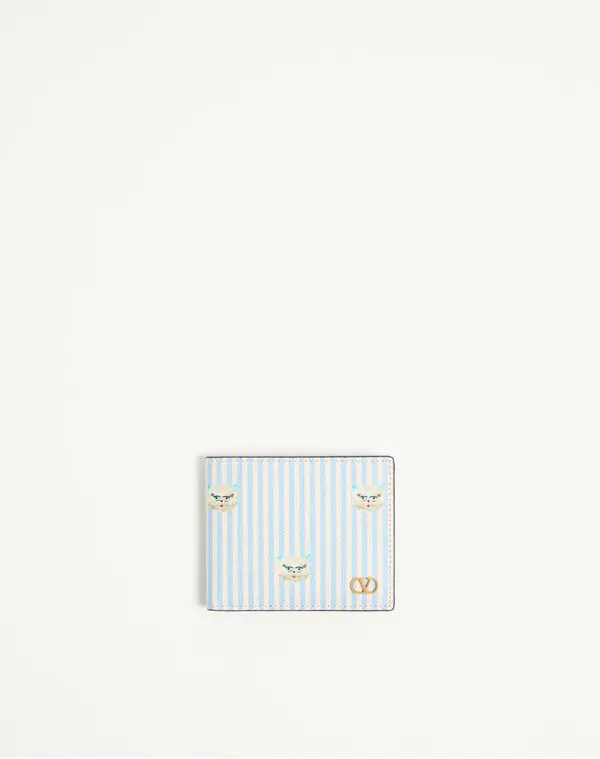 Valentino Garavani Vlogo Signature Wallet In Grainy Calfskin With Le Chat De La Maison Print - Azure/ivory